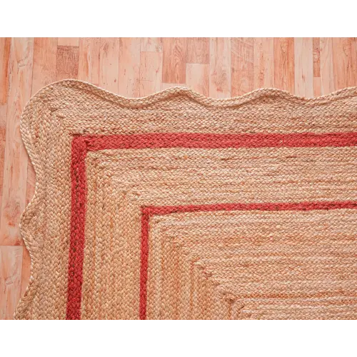 Scalloped Natural Jute Rug with Red Border