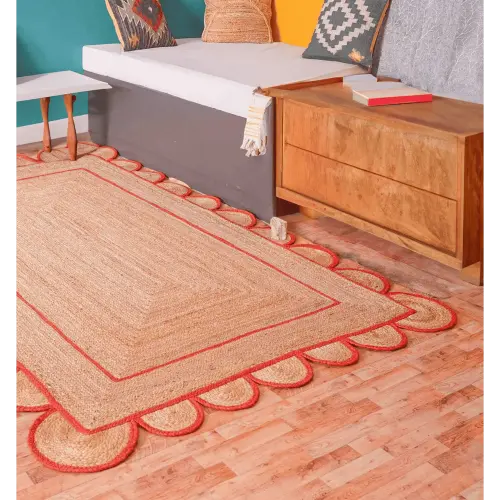 Handmade Natural Scalloped Jute Rug With Red Border Rug
