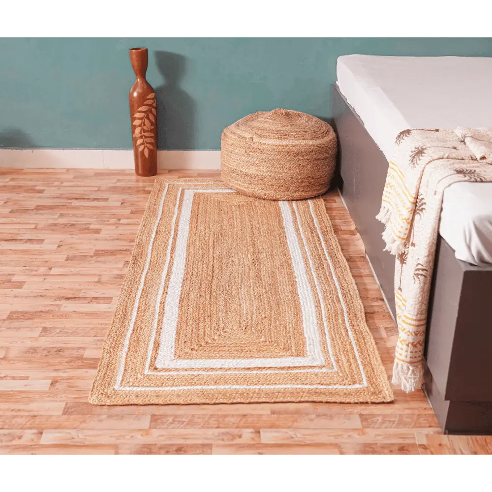 Handmade Natural Jute Braided Runner Rug with Triple Line White Border