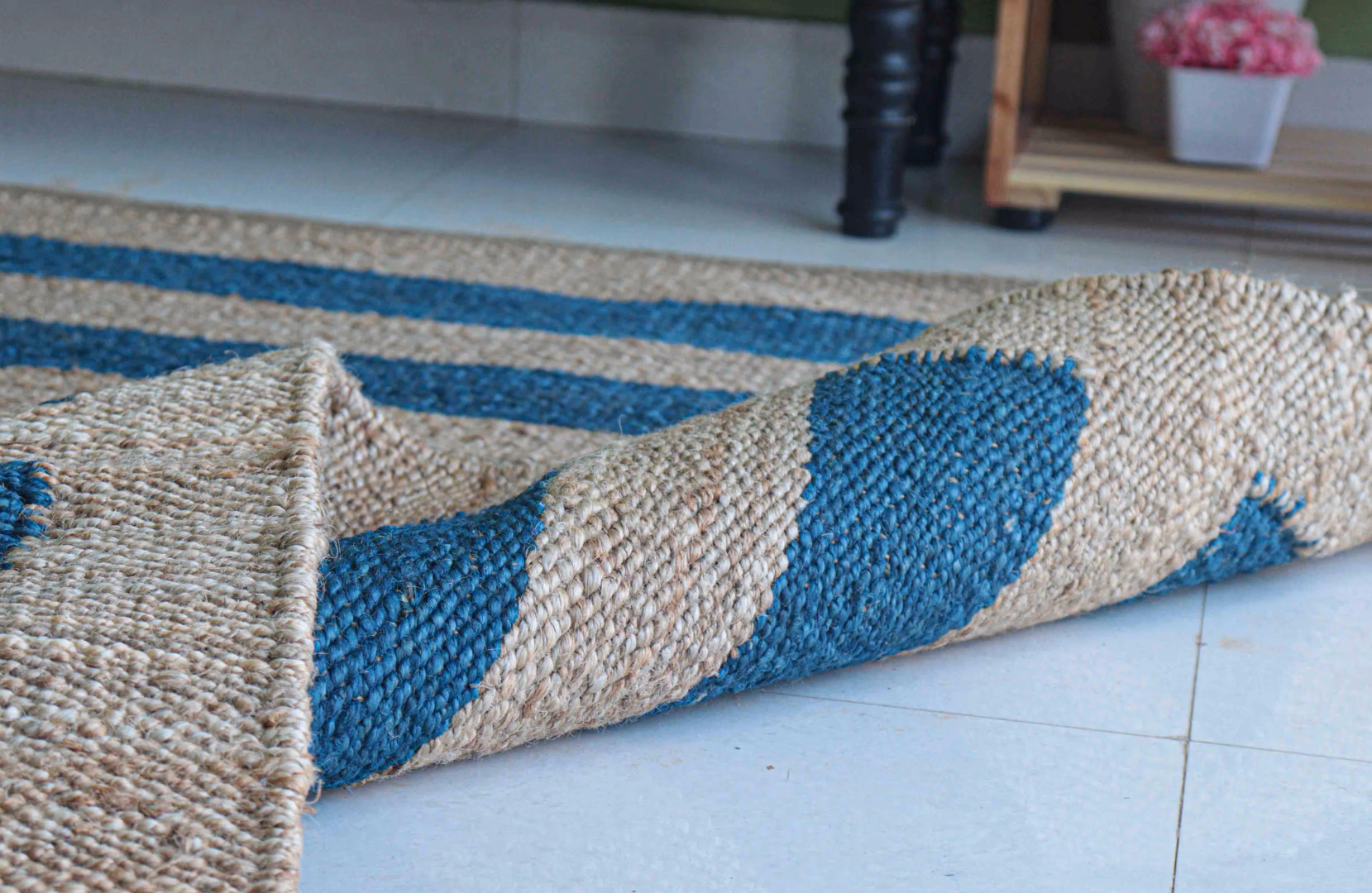 Custom Size Handwoven Beige with Blue Stripes Jute Hemp Rug for Living ...