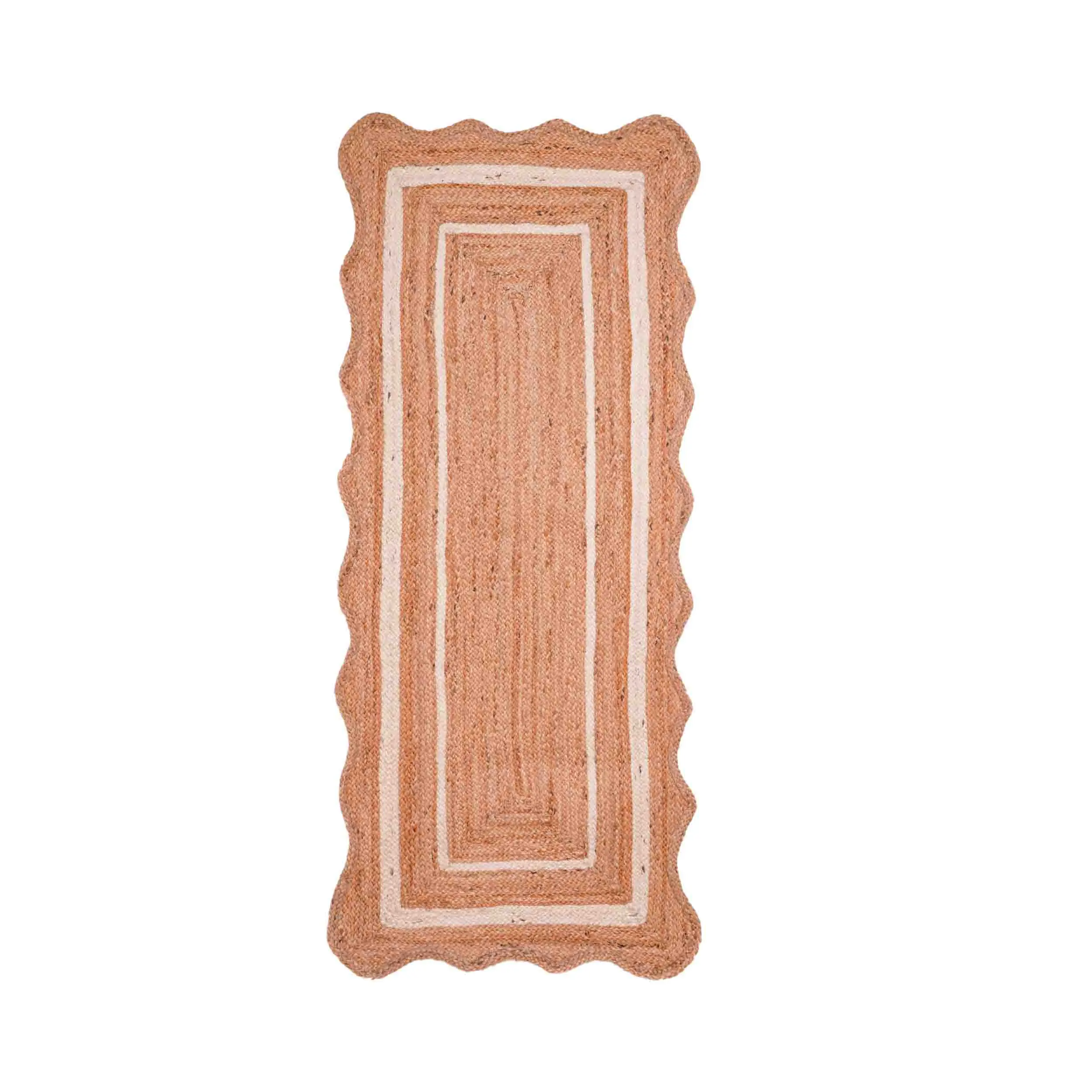 Hand Braided Wavy Edge Scalloped Natural Jute Runner Rug with Color Border