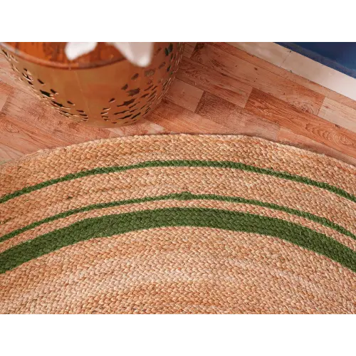 Hand Braided Natural Jute Boho Round Rug with Multicolor Border