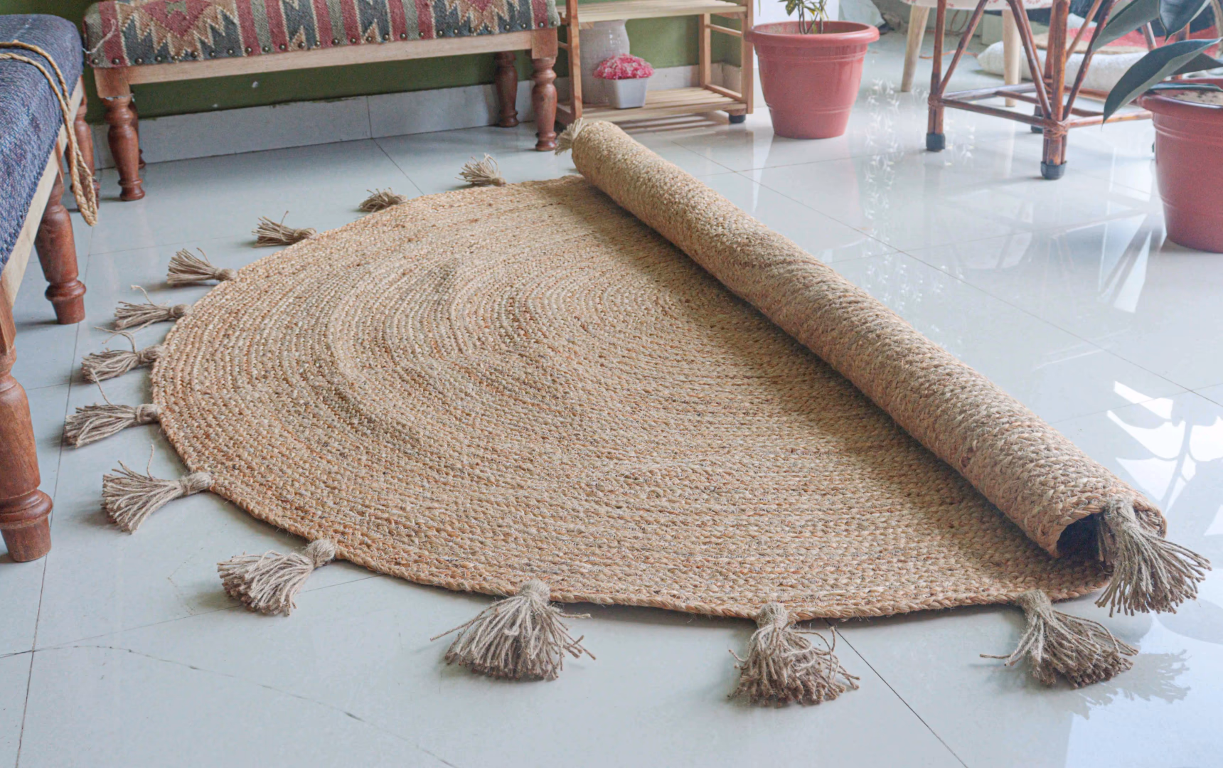 Hand Braided Natural Round Jute Rug with Fringes Floor Decor Rug