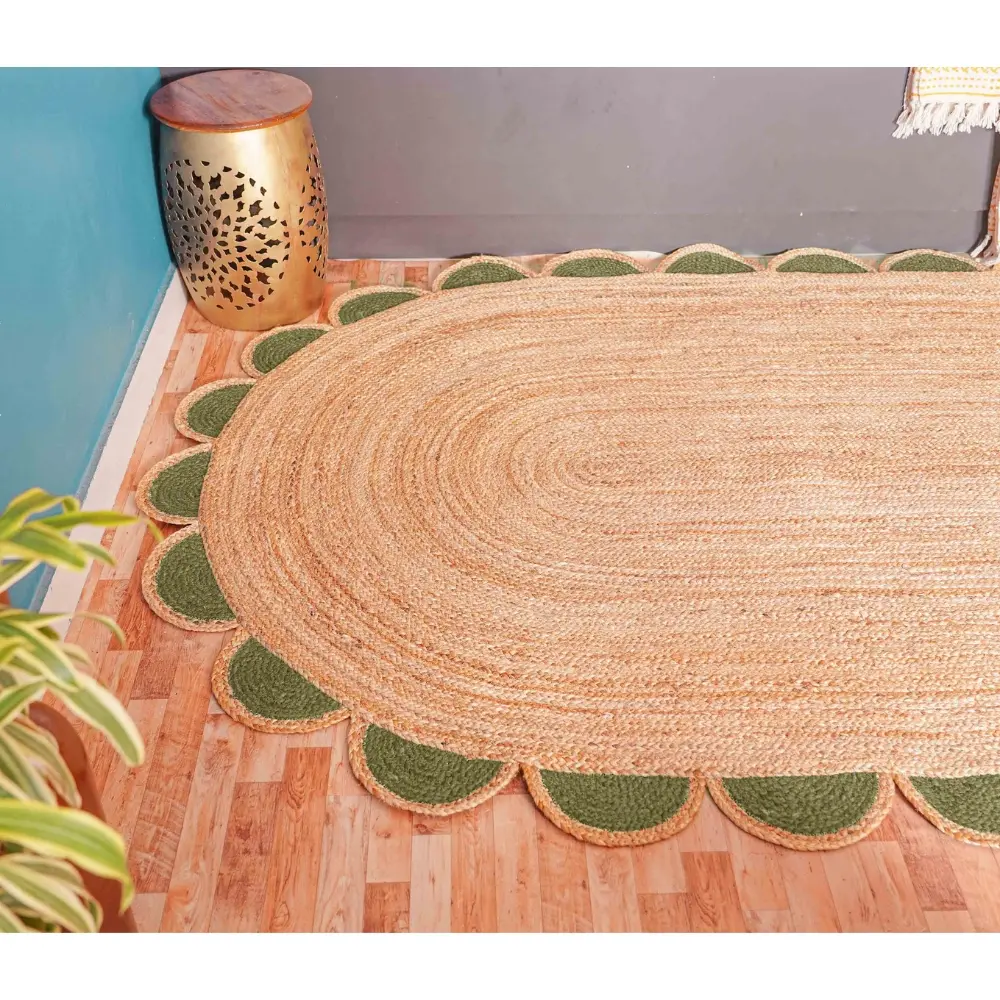 Hand Braided Scalloped Oval Jute Rug Beige With Multicolor Border