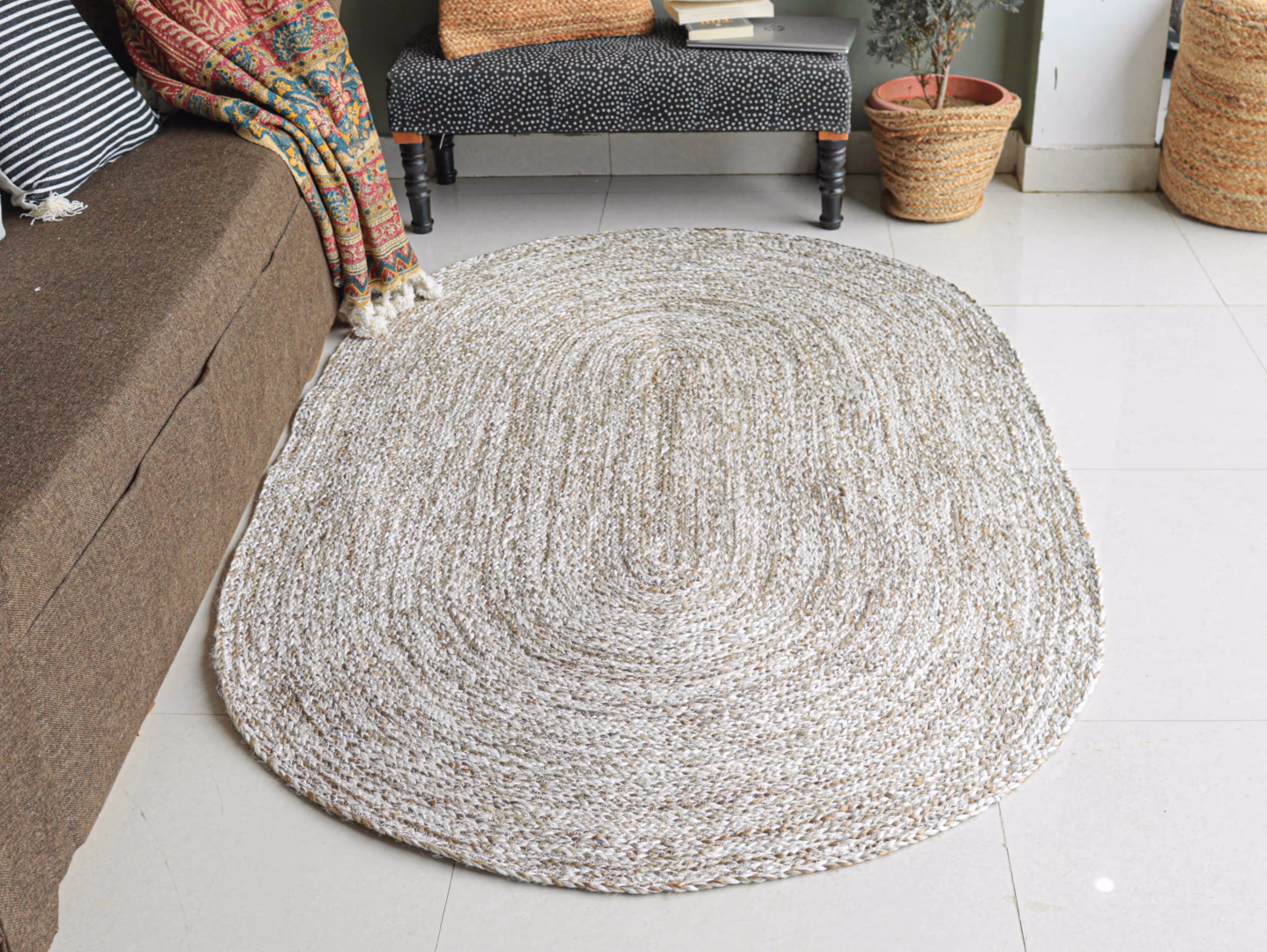 Beige White and Grey Tie Dye Handmade Braided Oval Jute Rug