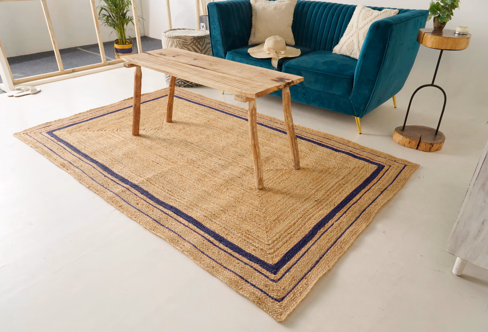 Hand Braided Rectangle Jute Rug Beige With Triple Line Customized Color ...