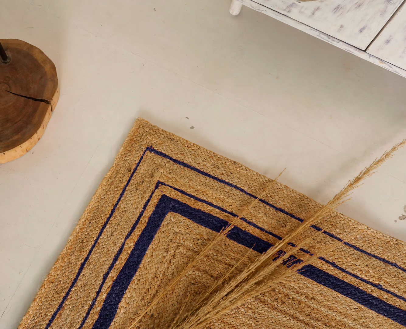 Hand Braided Rectangle Jute Rug Beige With Triple Line Customized Color ...