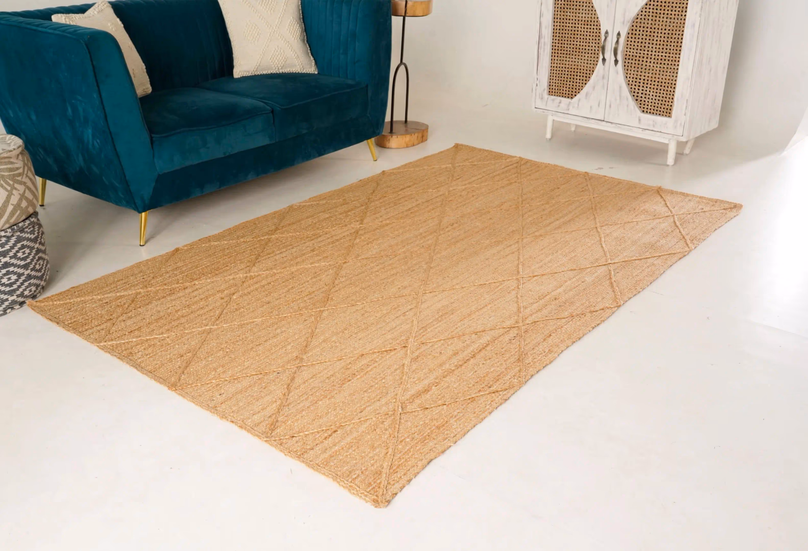 Hand Braided Natural Rectangle Jute Rug with Diamond Design