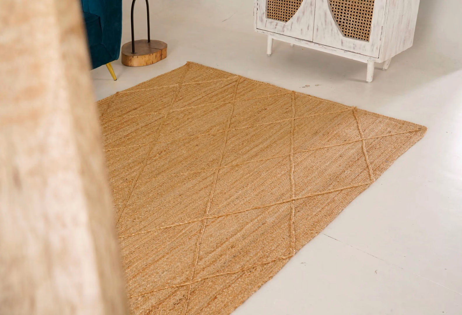 Hand Braided Natural Rectangle Jute Rug with Diamond Design