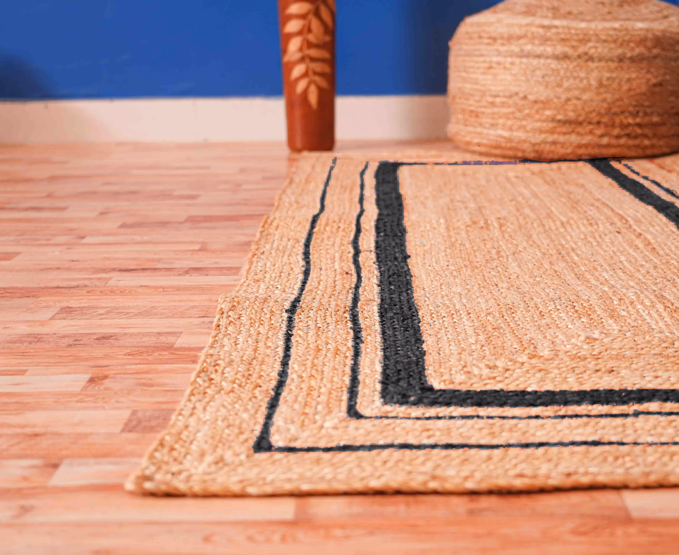 Handmade Natural Jute Rug With Black Triple Line Border