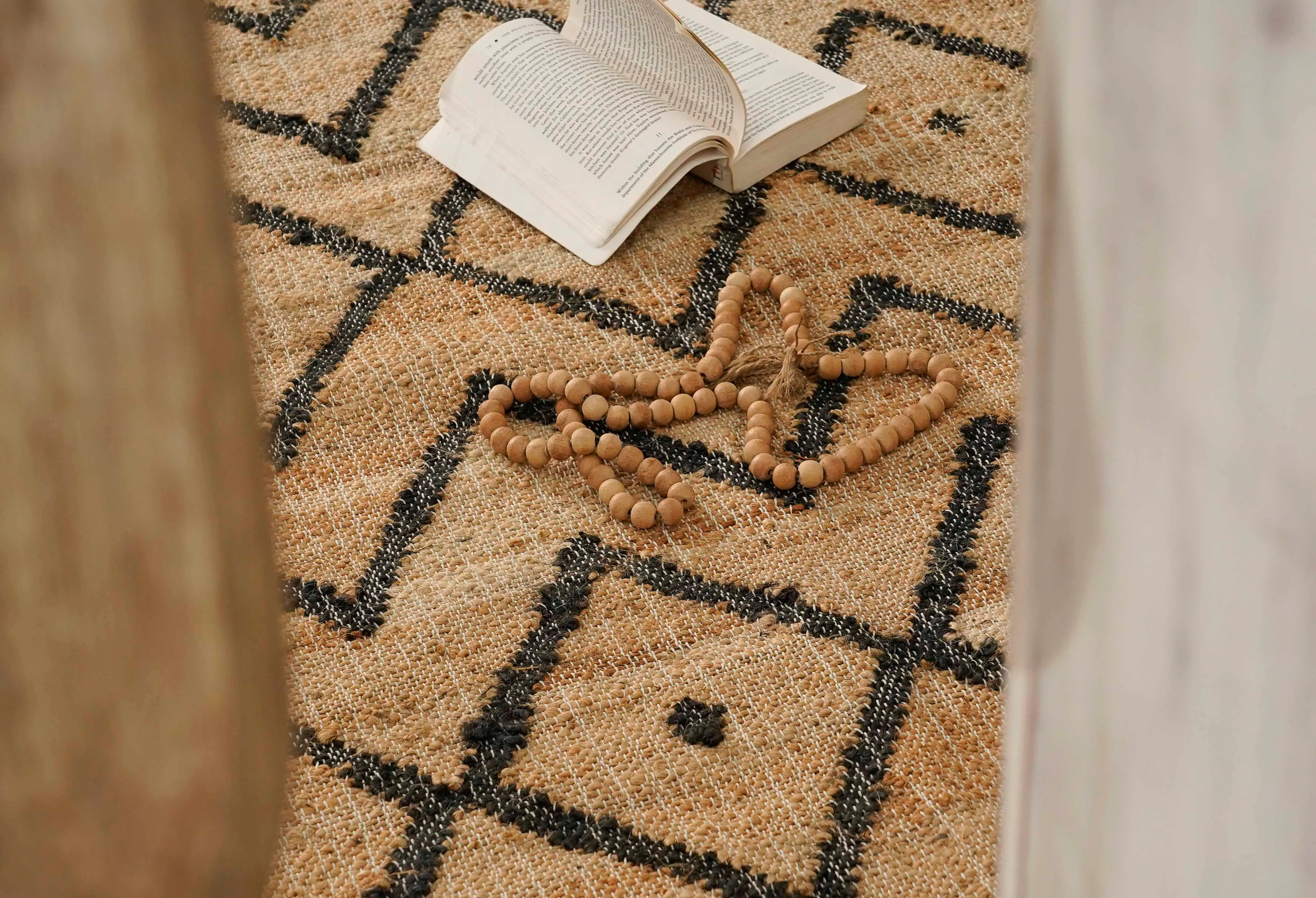 Indian Handwoven Cotton Juna Rug Beige Jute Rug With Black Diamond ...